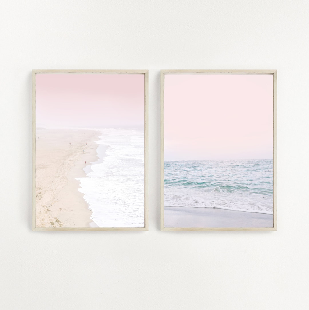Set of 2 Pink Beach Print Pastel Beach Print Pink Blue Beach Wall Art ...