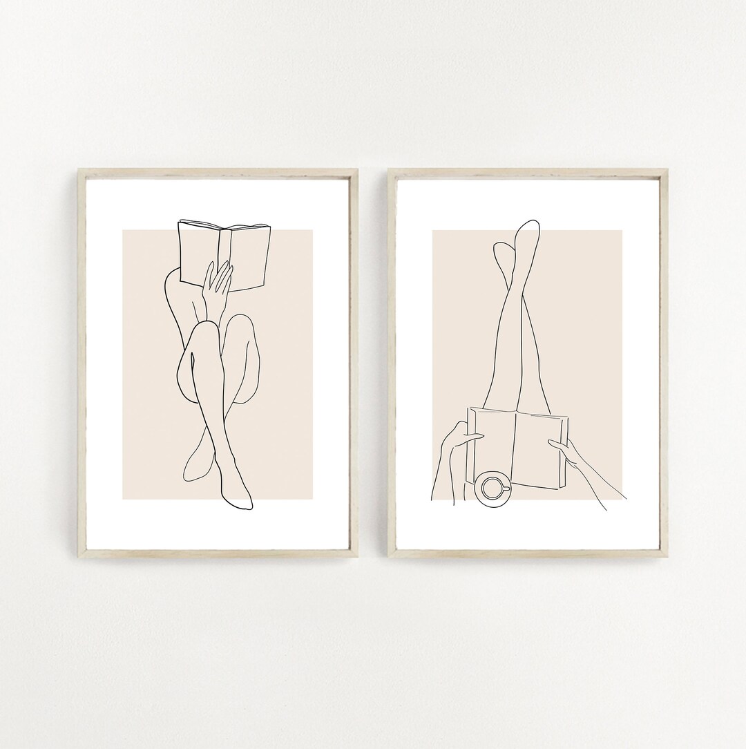 Set of 2 Woman Reading Line Art Beige Wall Art Girl Reading Decor Book ...