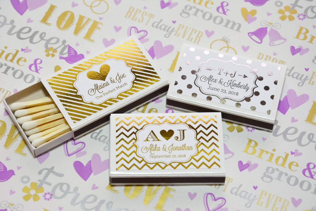 44 Designs! Personalized Match Box Favors - Matches - Metallic Gold ...