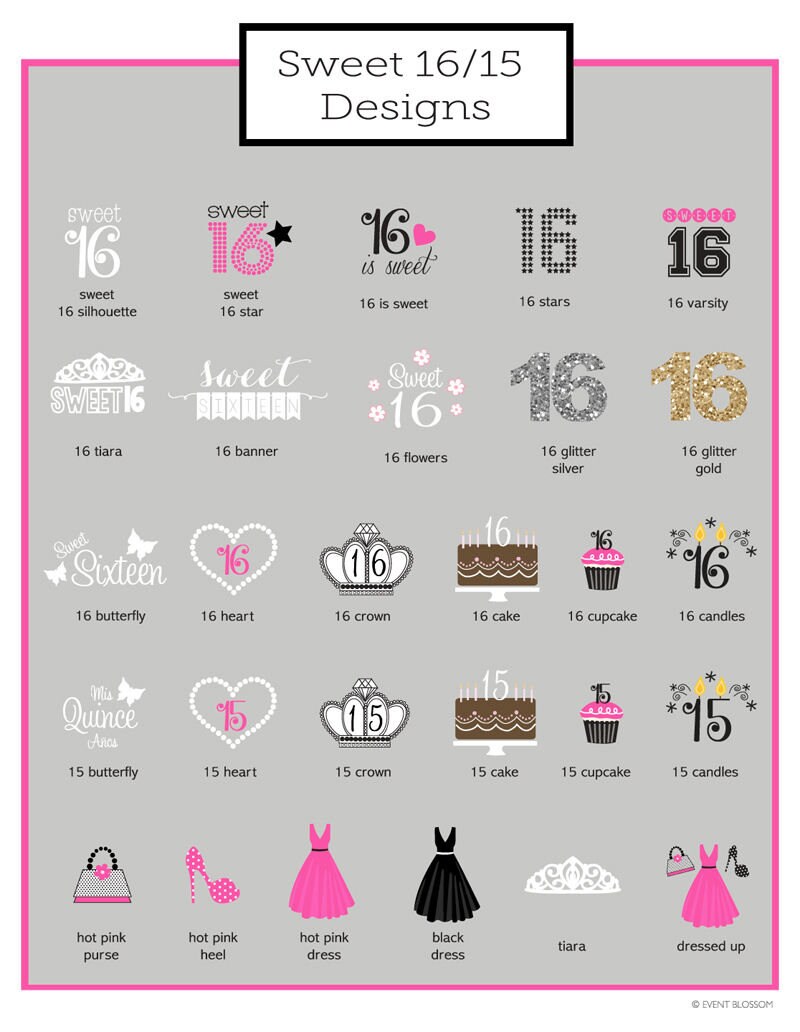 28 Designs Sweet 15, Sweet 16 Personalized Playing Cards Birthday Favor ...