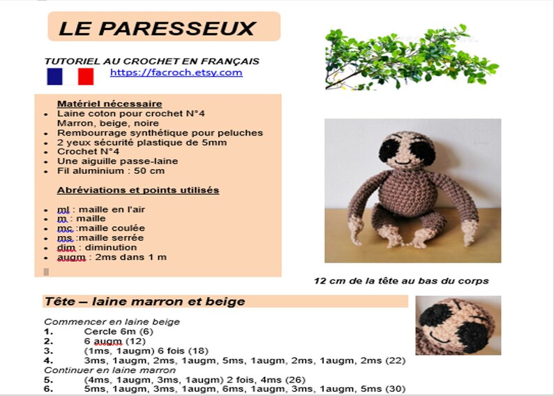 Sloth Tutorial - Crochet - Amigurumi - French - Pattern - Etsy