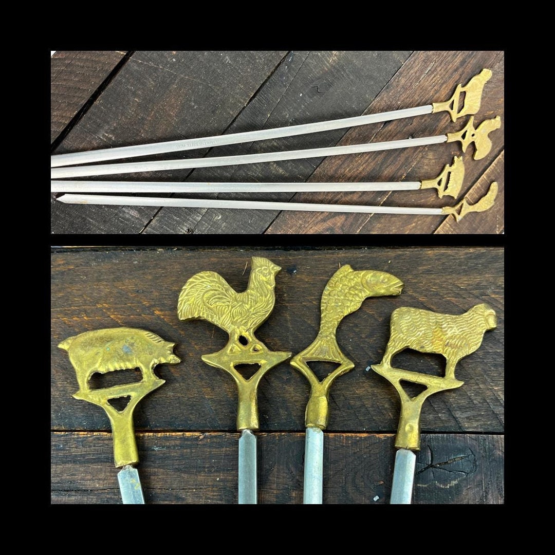 Vintage Skewers Farm Animal Kebab Skewers Brass Rooster Fish Pig Sheep ...