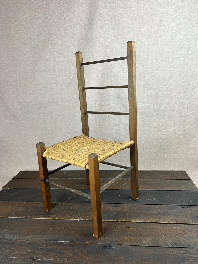 Vintage Childs Doll Display Chair Handwoven Rattan Reed Ladder Back ...