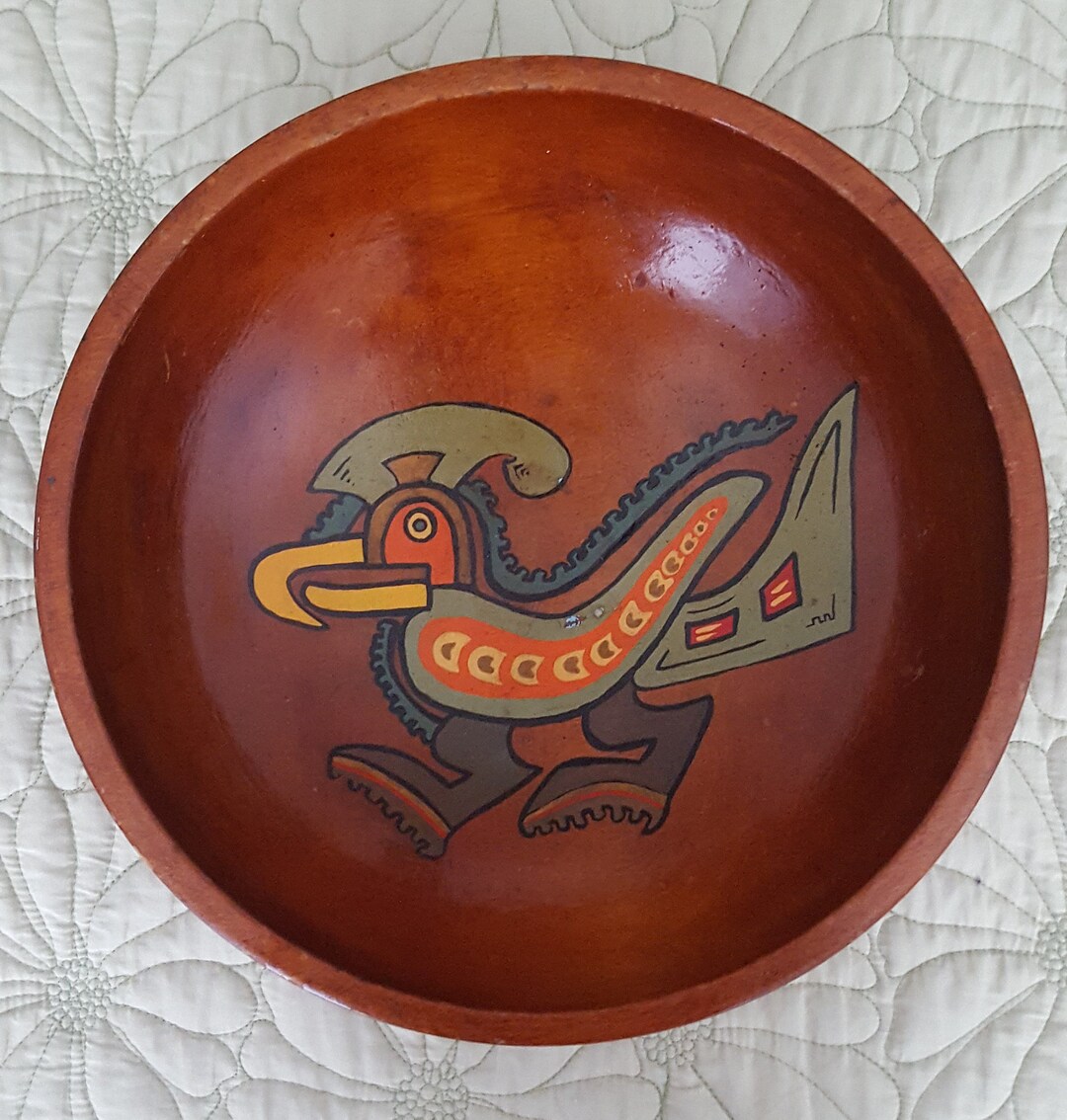 Vintage Wooden Aztec Bowl Tole Painted With Native Colorful Bird Heavy ...