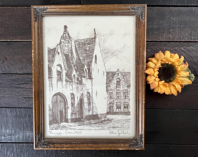 Vintage Pencil Drawing of Bruges Belgium Cityscape Signed Albert ...
