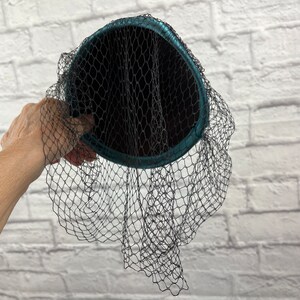 Vintage Fascinator Hat Teal Blue Satin With Black Tulle Netting Veil ...