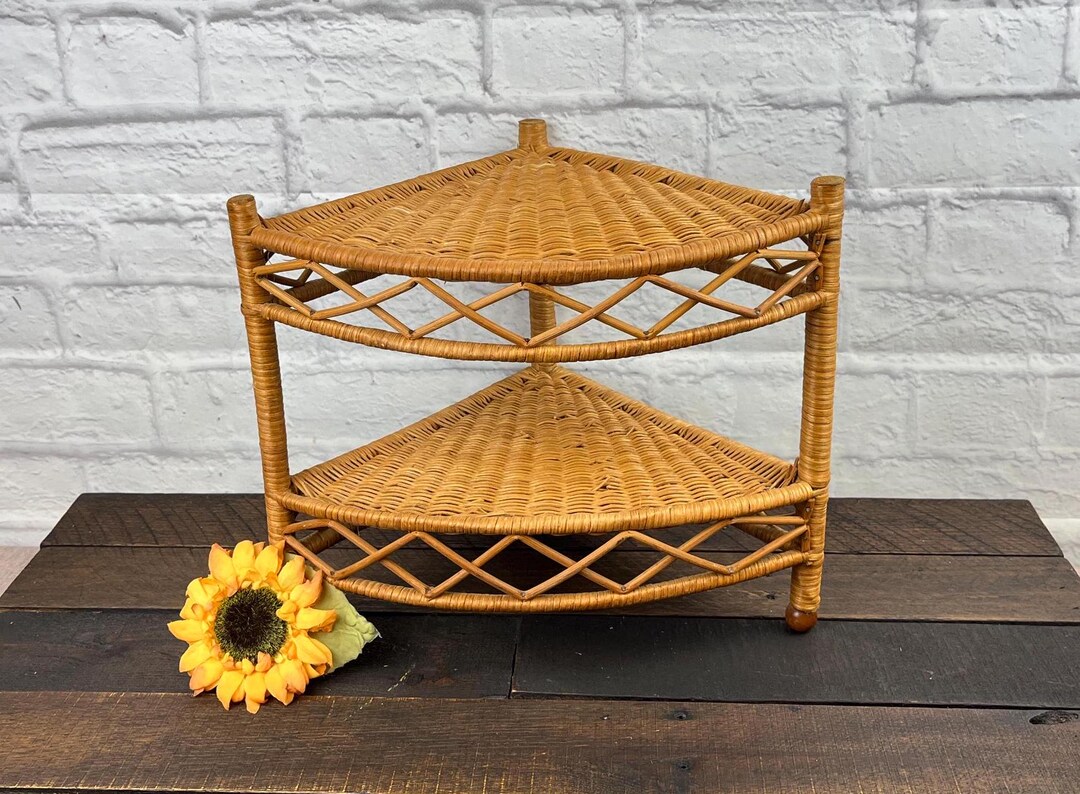 Vintage Wicker Rattan Corner Shelf Unit With Two Shelves Tabletop Shelf ...