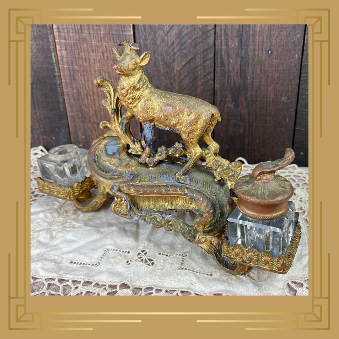 Vintage Gilt Bronze Inkwell Stand With Stag Deer Double Glass Inkwells ...