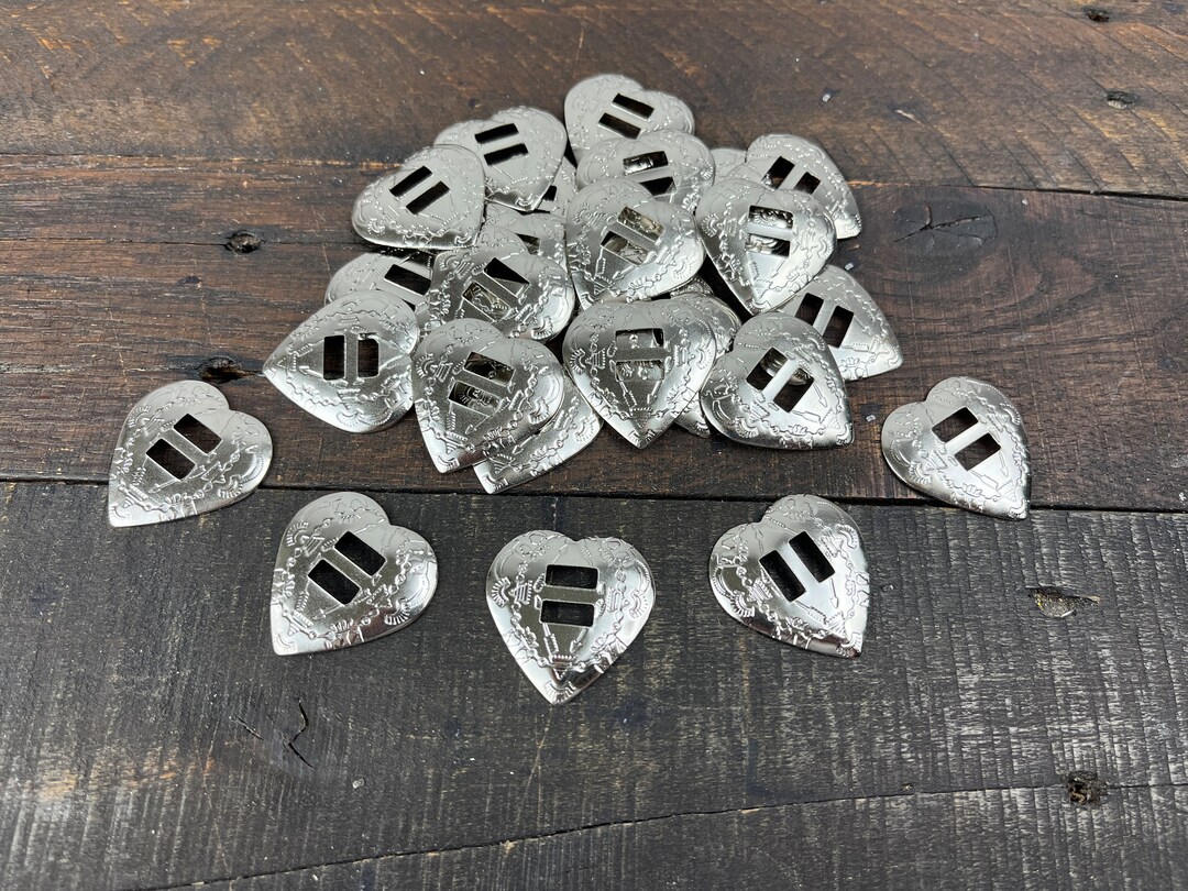Silver Conchos 17 Heart Shaped With Two Slots Etched Stamped Conchos ...