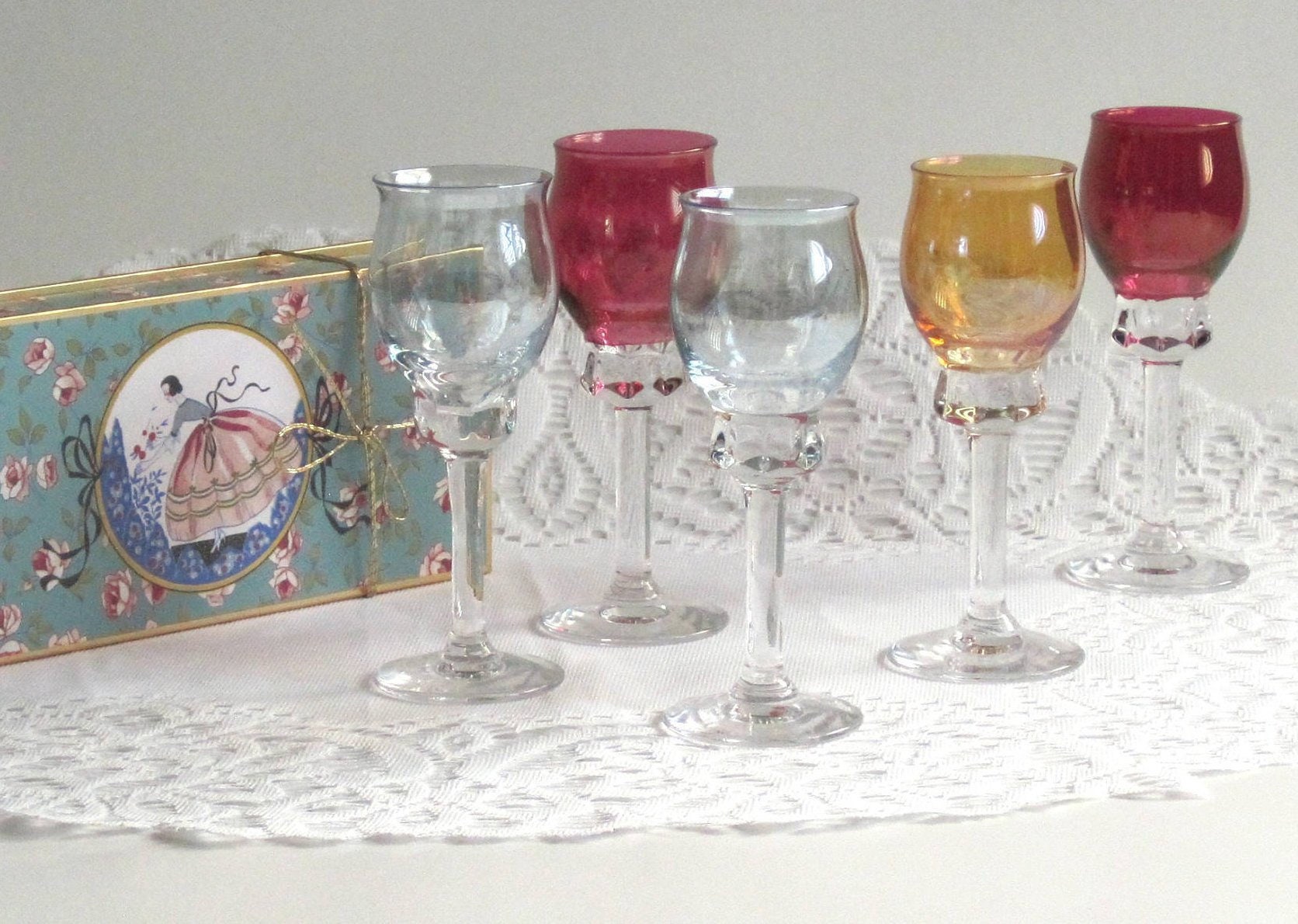 Vintage Cordial Glasses Made In Italy Set Of 5 Red Blue Amber Etsy