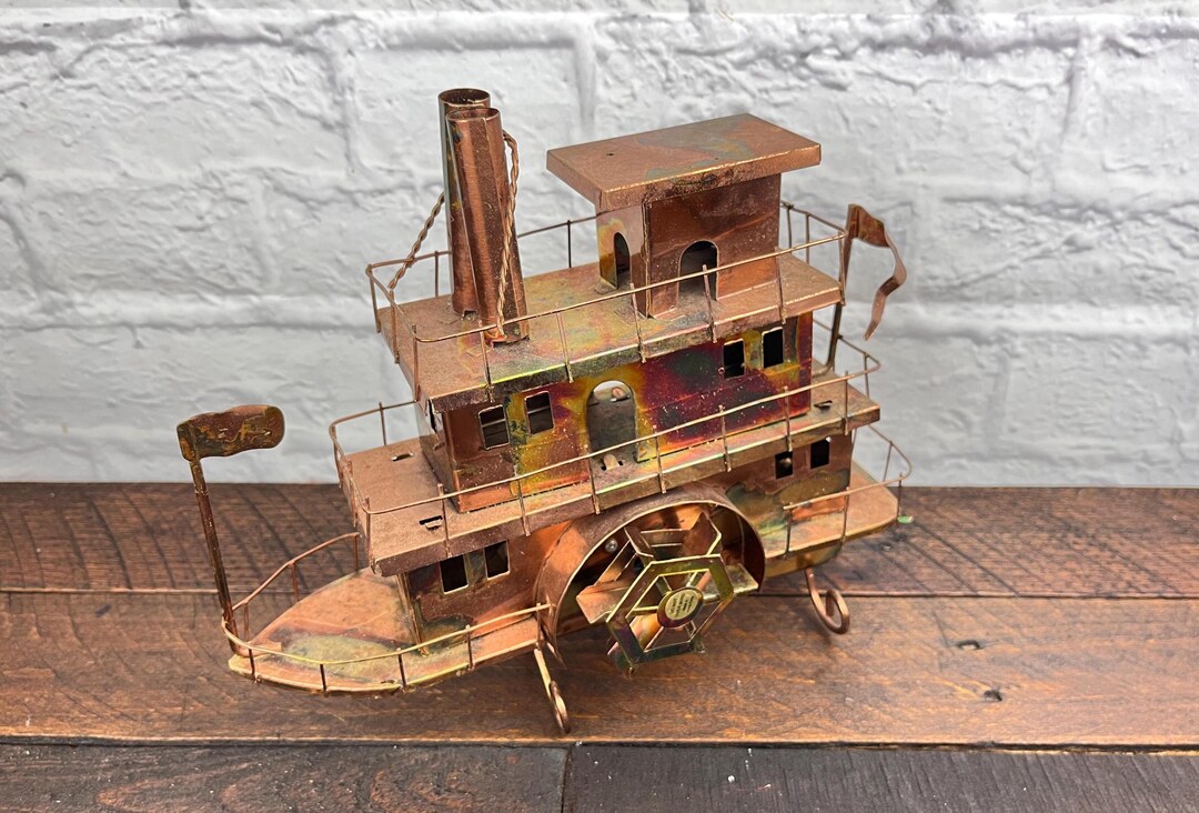 Vintage Musical Copper Paddle Wheel Boat Music Box Ship Plays Moon ...