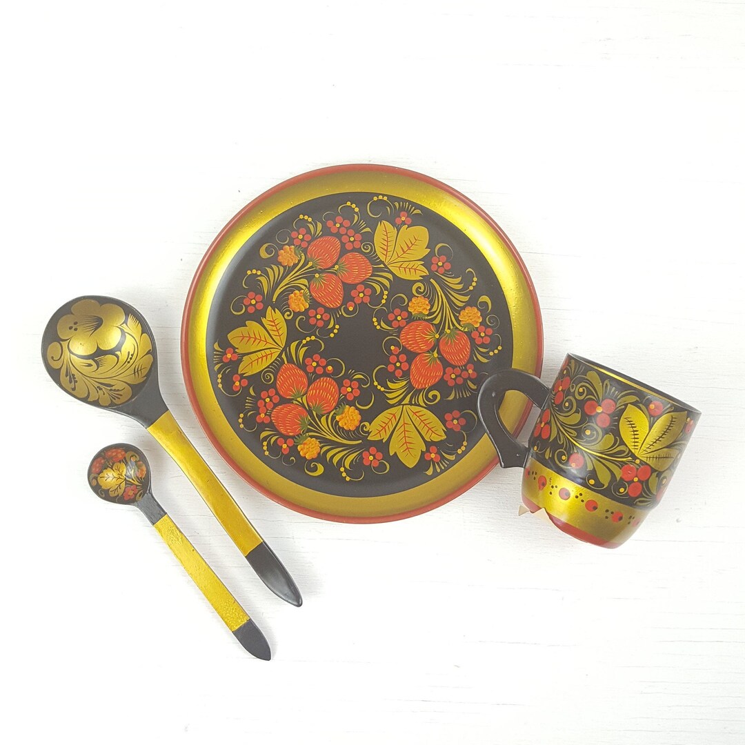 Vintage Khokhloma Folk Art Set Plate Cup Spoon & Ladle Hand - Etsy