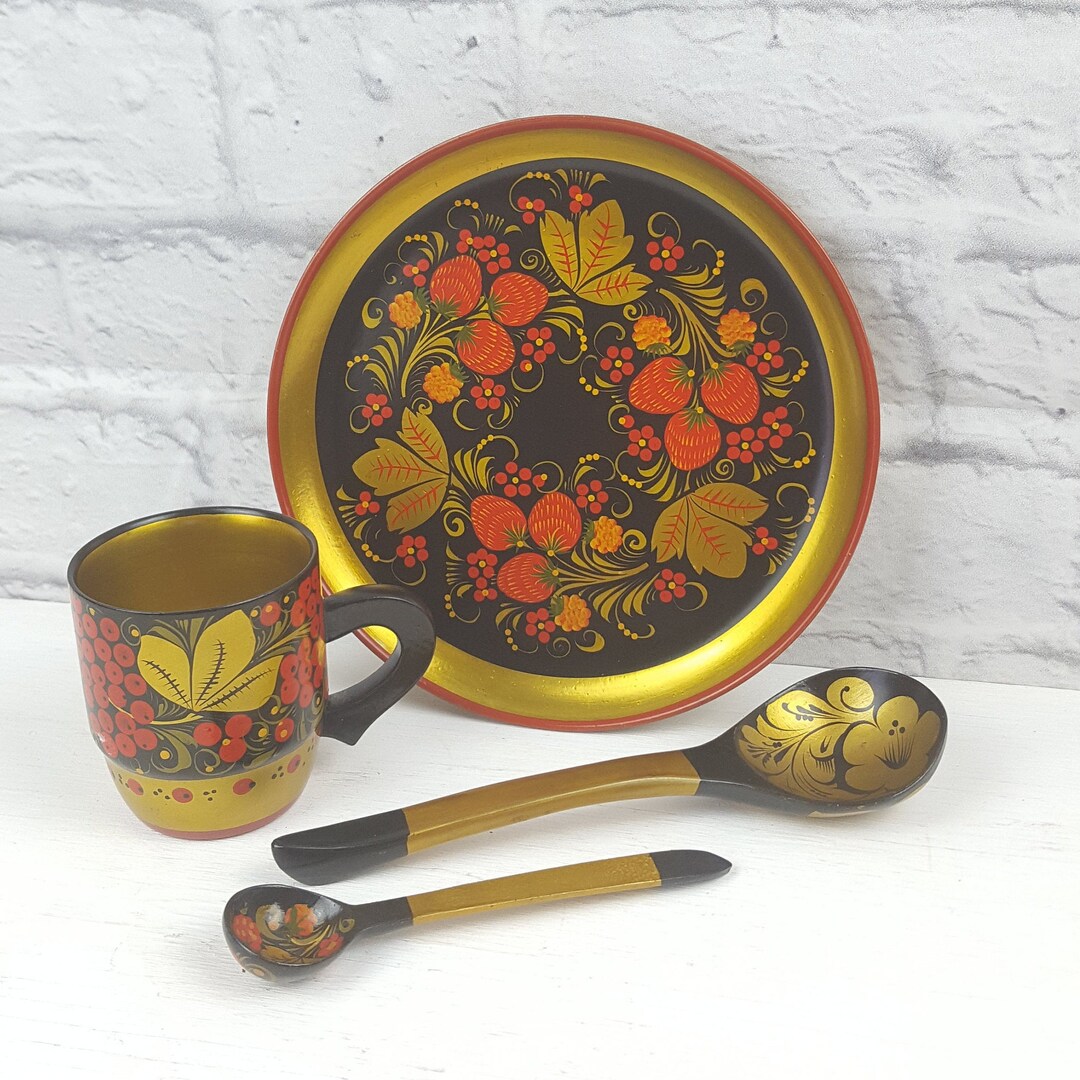 Vintage Khokhloma Set Plate, Cup, Spoon & Ladle Hand Painted Folk Art ...