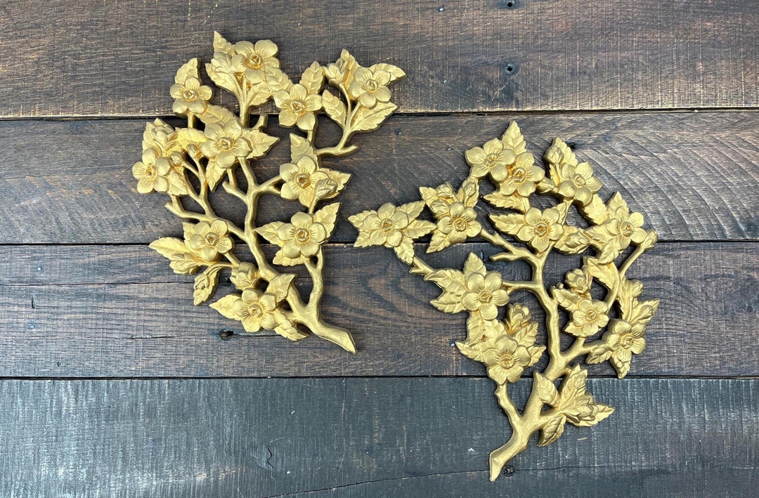 Vintage Burwood Wall Art Hanging Set of 2 Gold Floral Dogwood Blossom Branches Made in USA ...