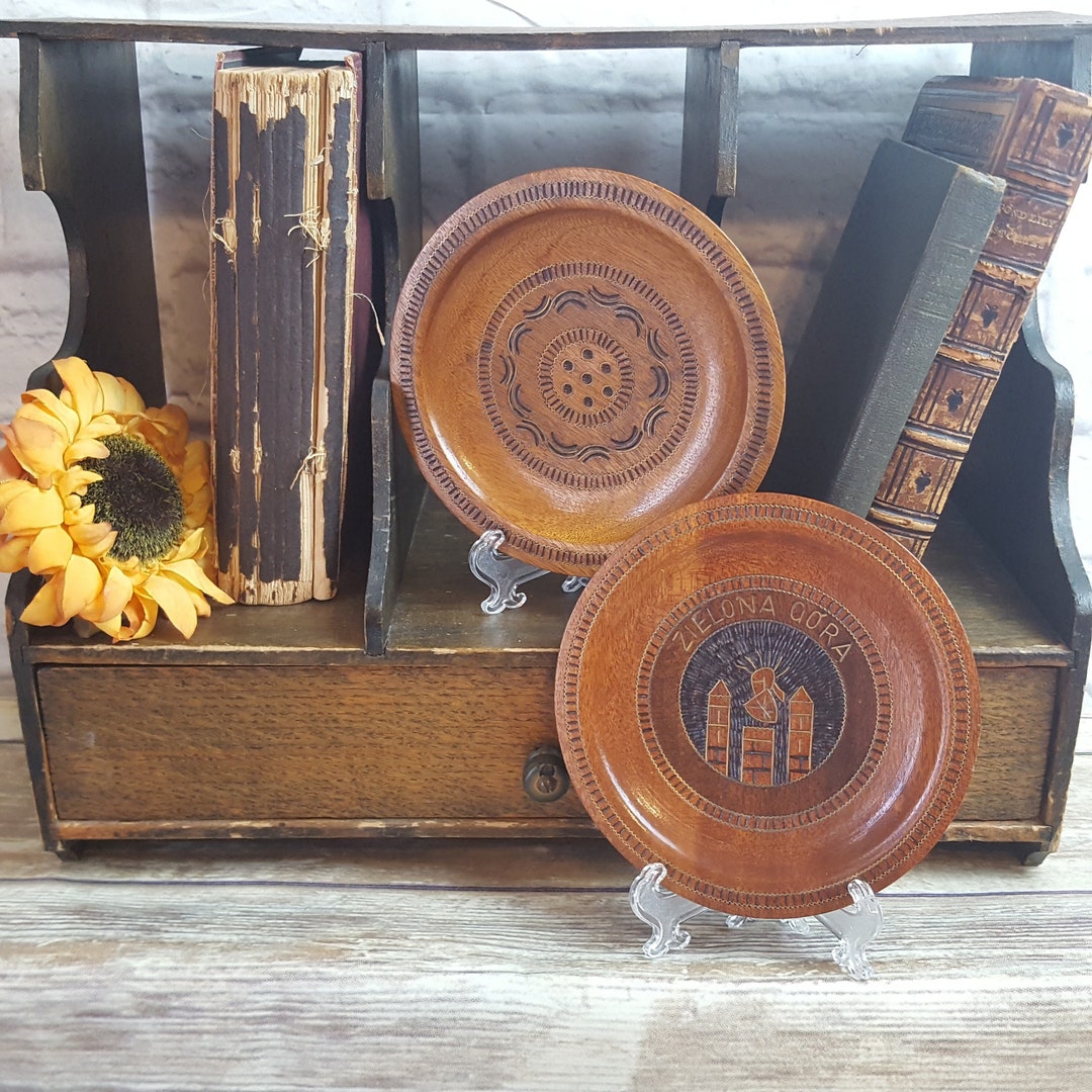 Vintage Pyrography Wooden Wall Plates of Zielona With Gora Coat of Arms ...