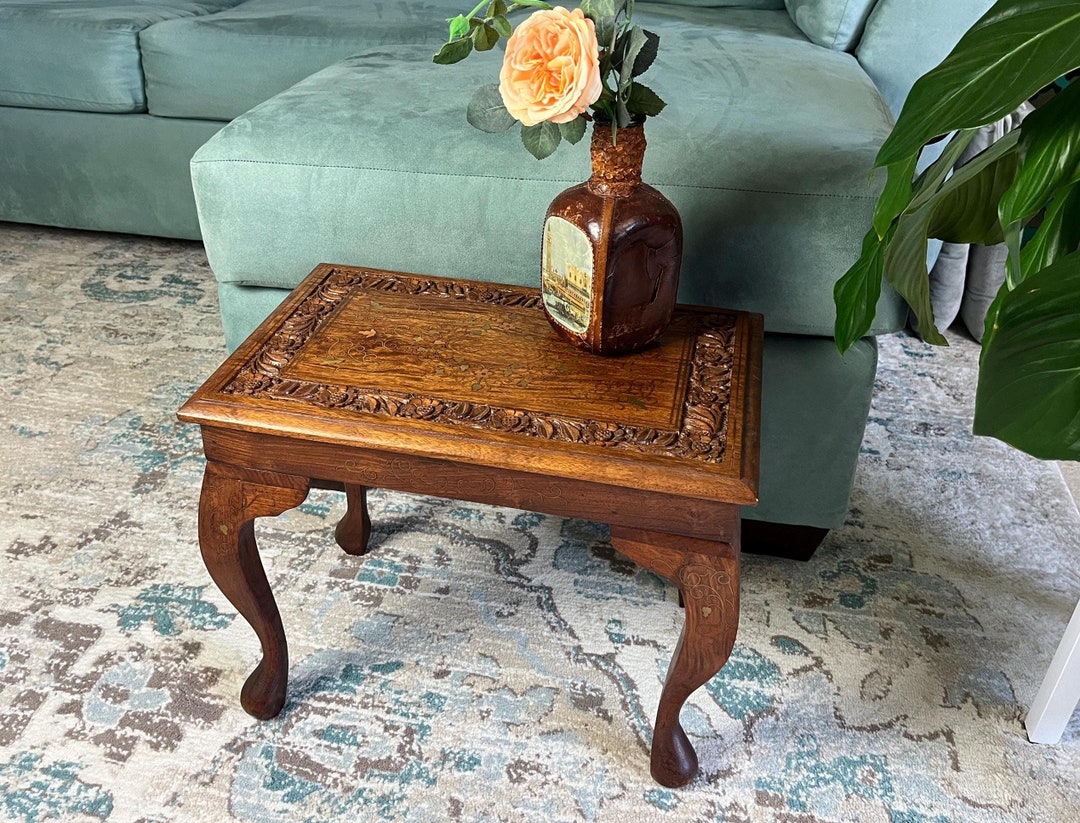 Vintage Brass and Copper Inlay Wooden Table Bordered With Carved Floral ...