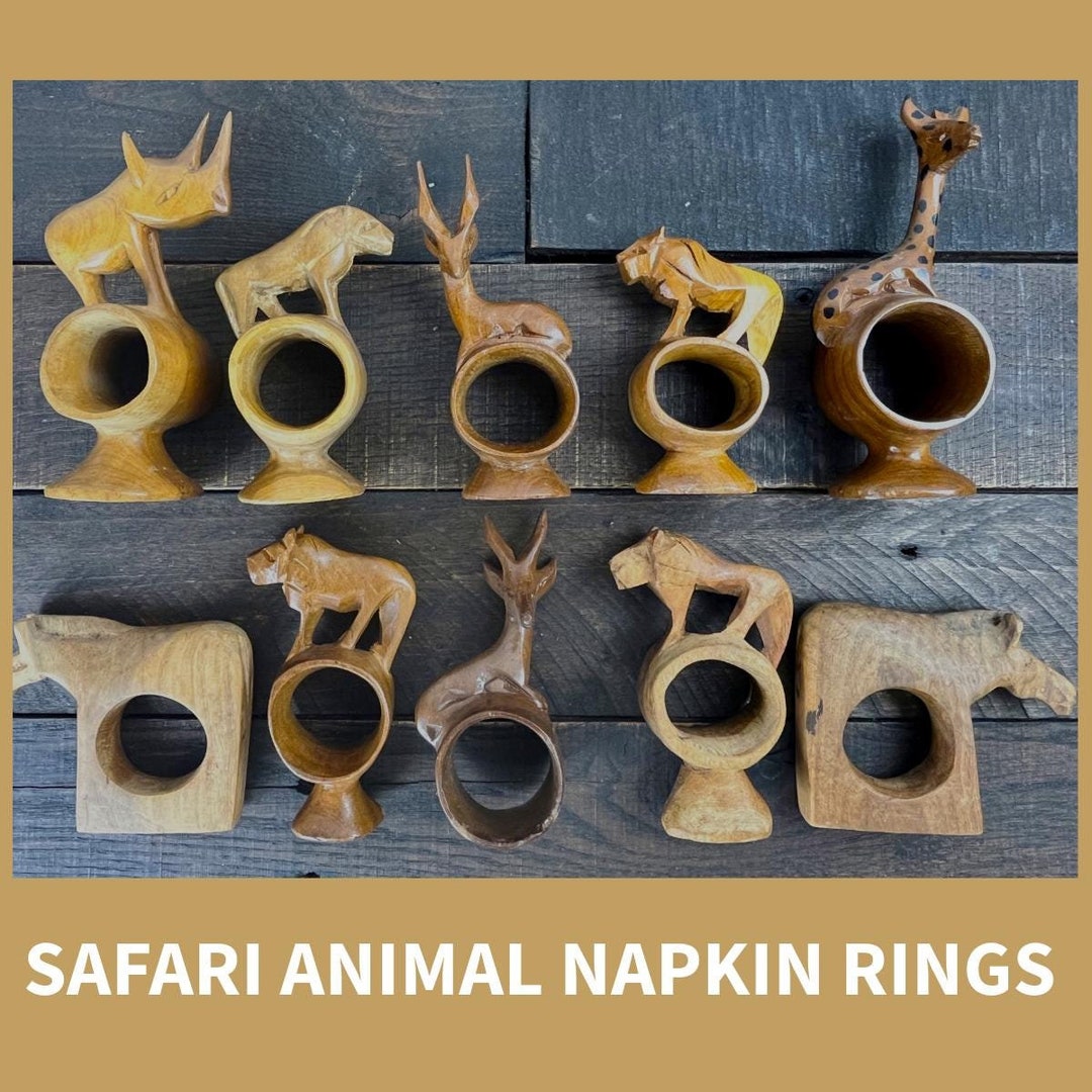Vintage Safari Animal Napkin Rings Hand Carved African Wild Antelope ...
