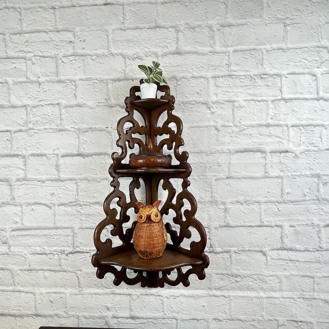 Vintage 3 Tier Wooden Corner Shelf Scroll Cut Dark Wood Wall Hanging ...