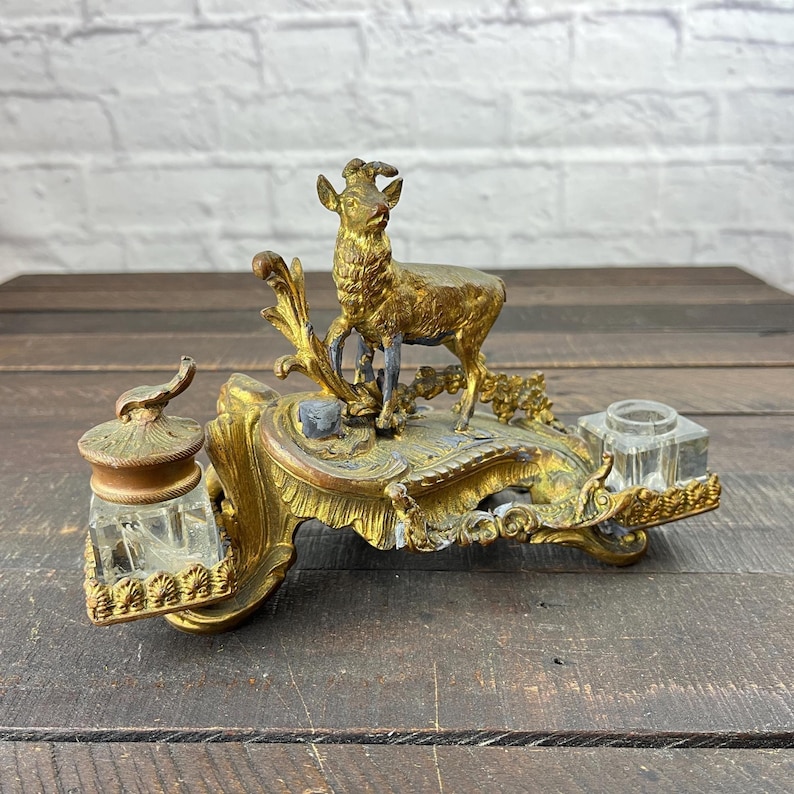Antique Stag Double Inkwell Stand Crystal Wells French Gilt Bronze 19th ...