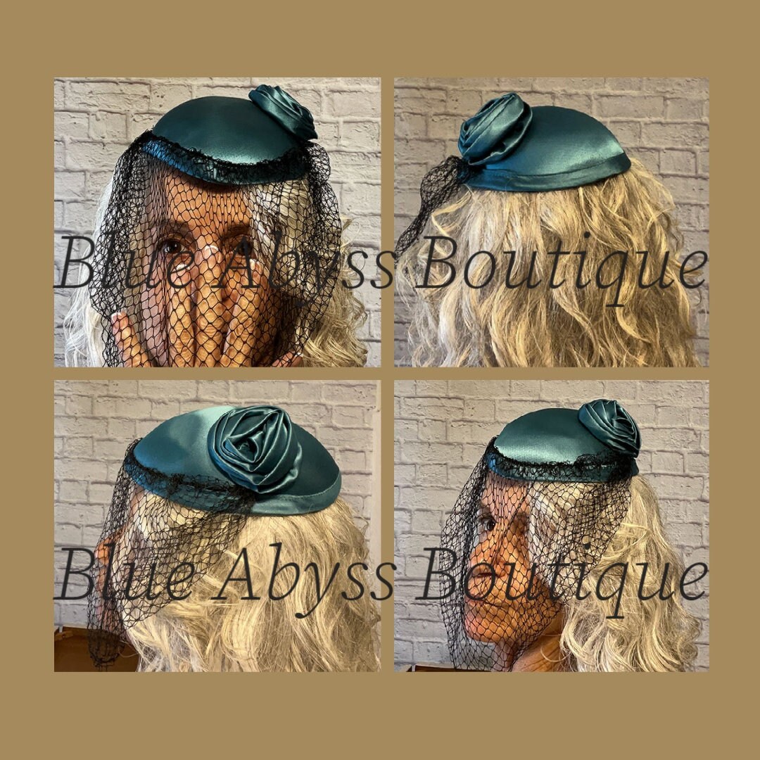Vintage Hat With Black Tulle Netting Veil and Flower 1930s Teal Blue ...