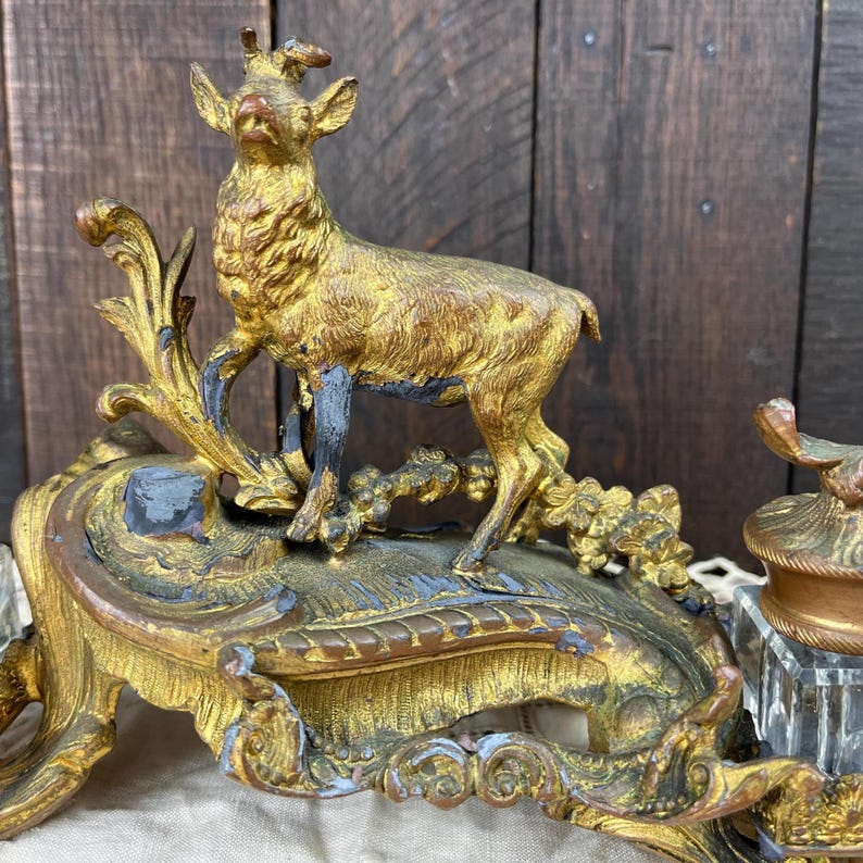 Antique Stag Double Inkwell Stand Crystal Wells French Gilt Bronze 19th ...