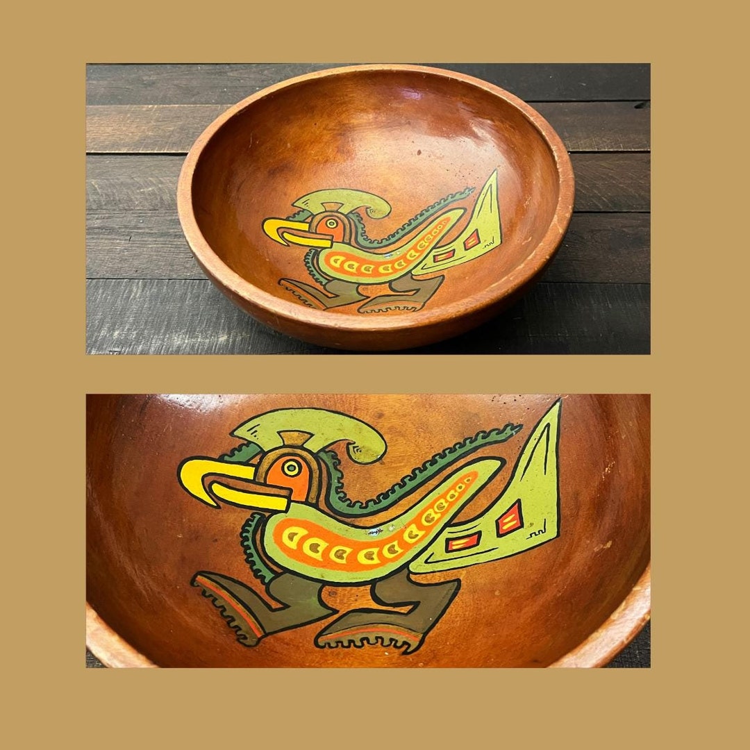 Vintage Tole Painted Wooden Native Aztec Bowl 12 Inch With Colorful ...