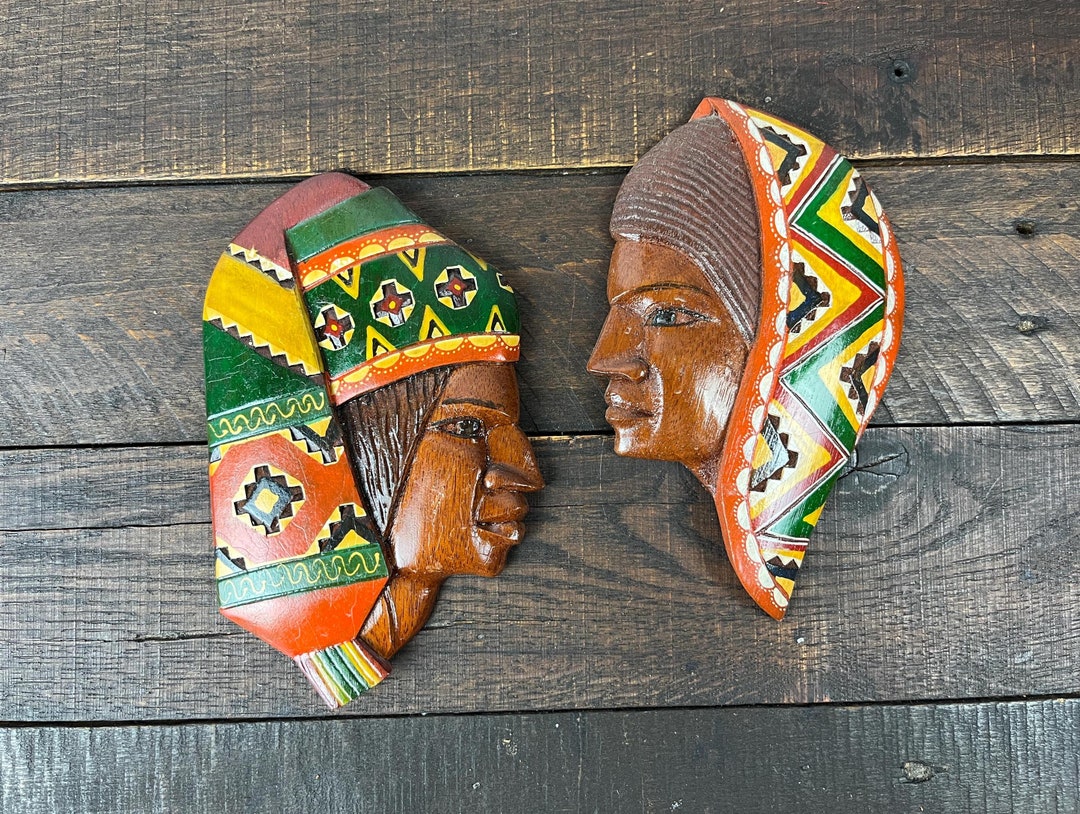 Vintage Bolivian Aymara Male and Female Wall Plaques Hand Carved in Bas ...