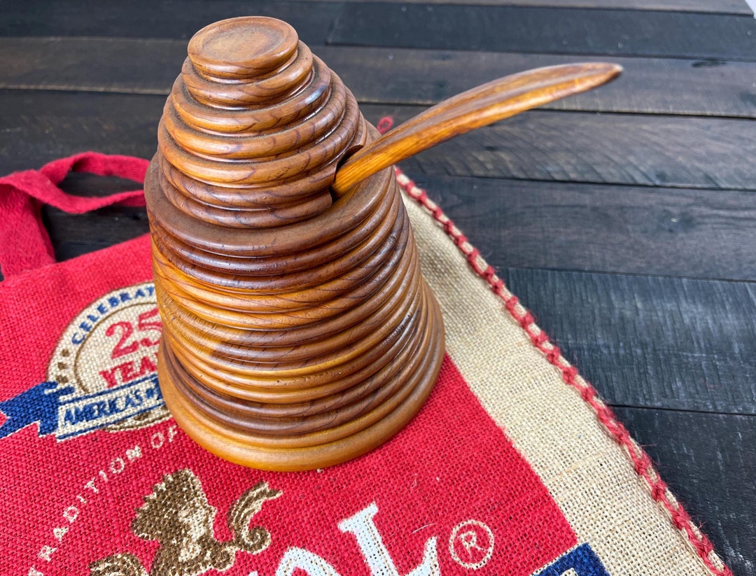 Vintage Large Wooden Beehive Honey Pot Lidded With Honey Dipper Stick ...