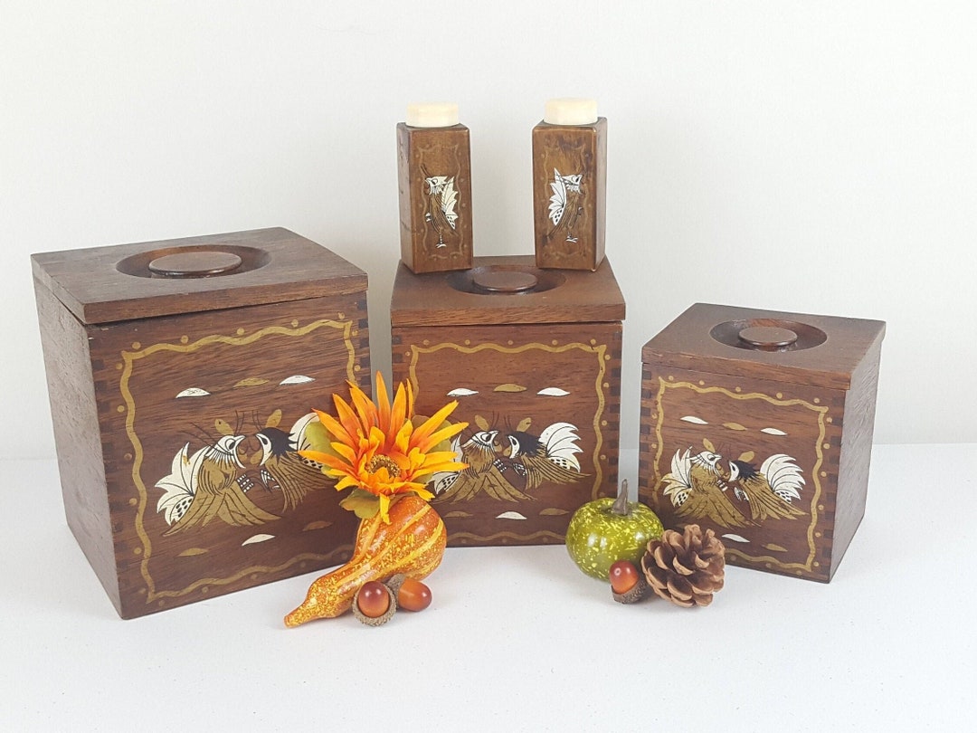 Vintage Rooster Storage Organizer Set 5-piece Wooden Lidded Nesting ...