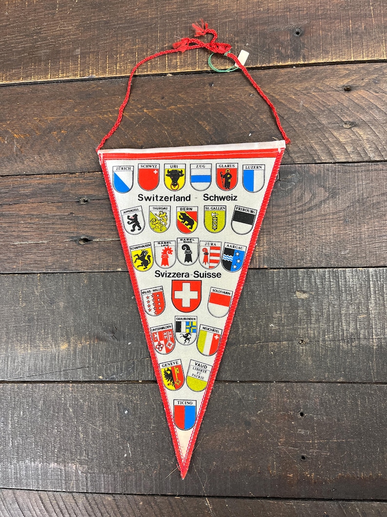 Vintage Switzerland Nylon Pennant Two-sided Swiss Souvenir Flag Cantons ...