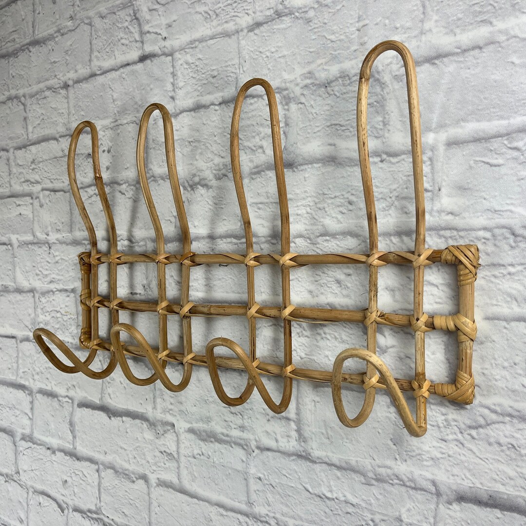 Vintage Bamboo Wall Rack Hat Rack Rattan Apron Towel Rack Four Hooks ...