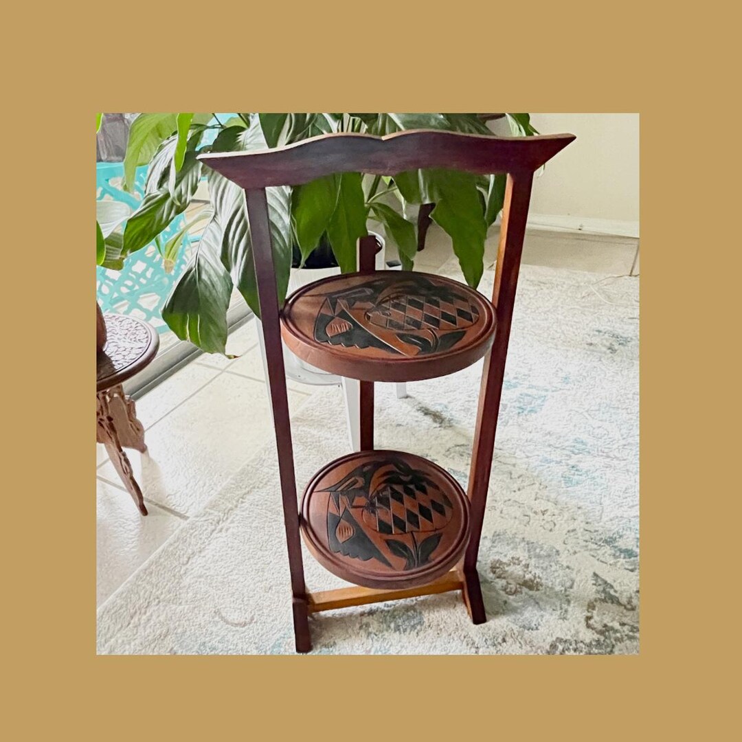 Vintage 2-tier Pie Stand Cooling Rack Wooden Rare Bird Pyrography ...