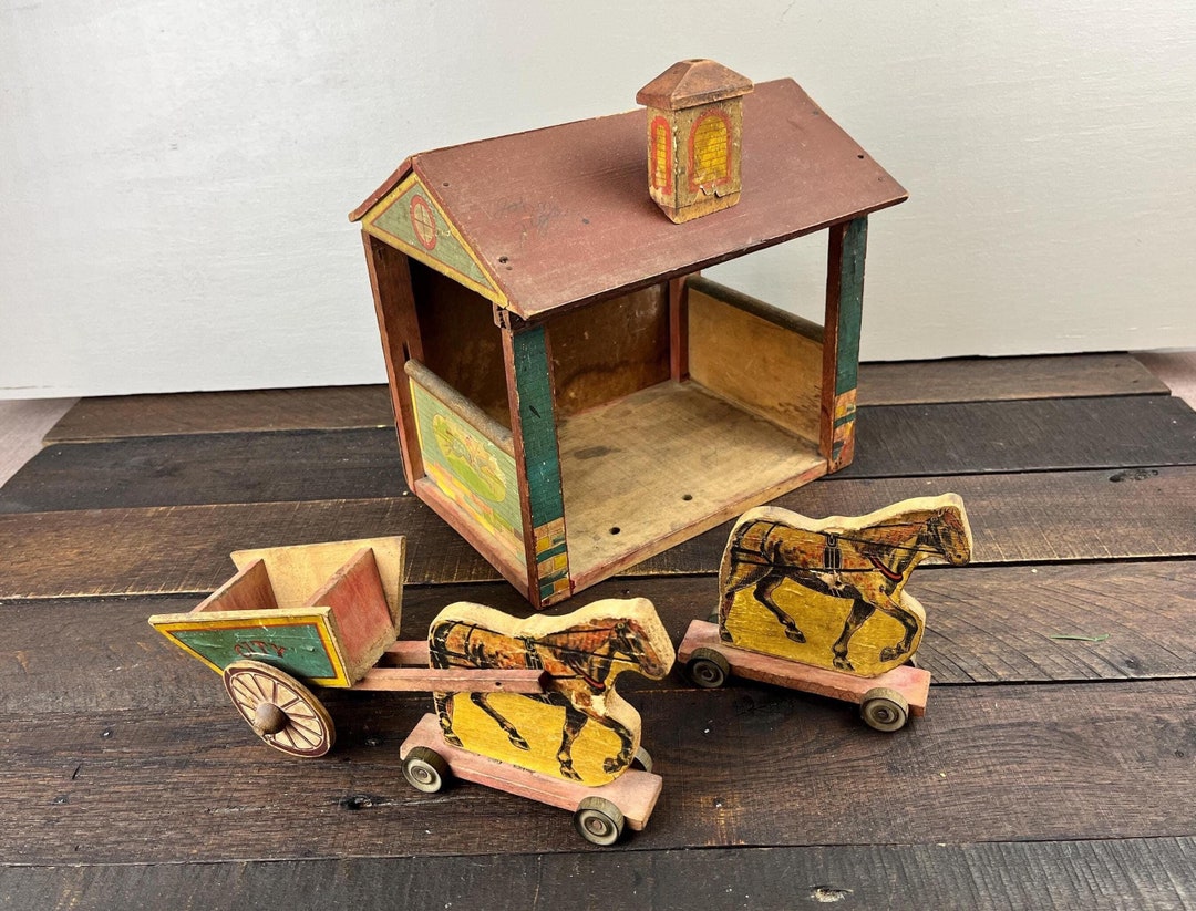 Antique 1900's Wooden Lithographed Toy Set With 2 Pull Horses, Cart and ...