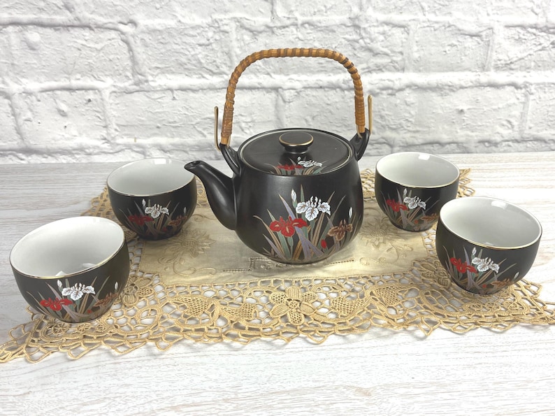 Vintage Iris Japan Tea Set Chocolate Brown Ceramic Floral Pattern ...