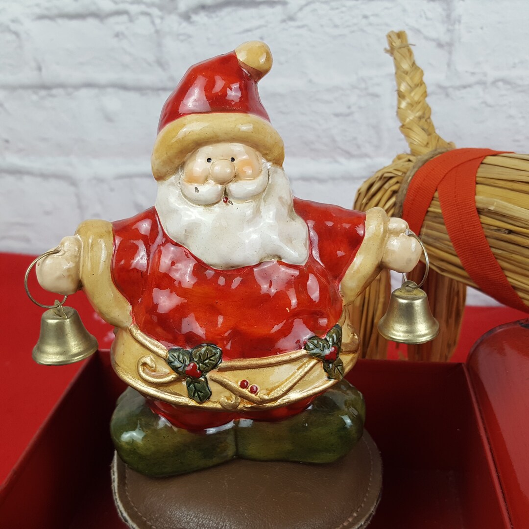 Vintage Bell Ringing Santa Claus Ceramic Figurine Rustic Bohemian ...