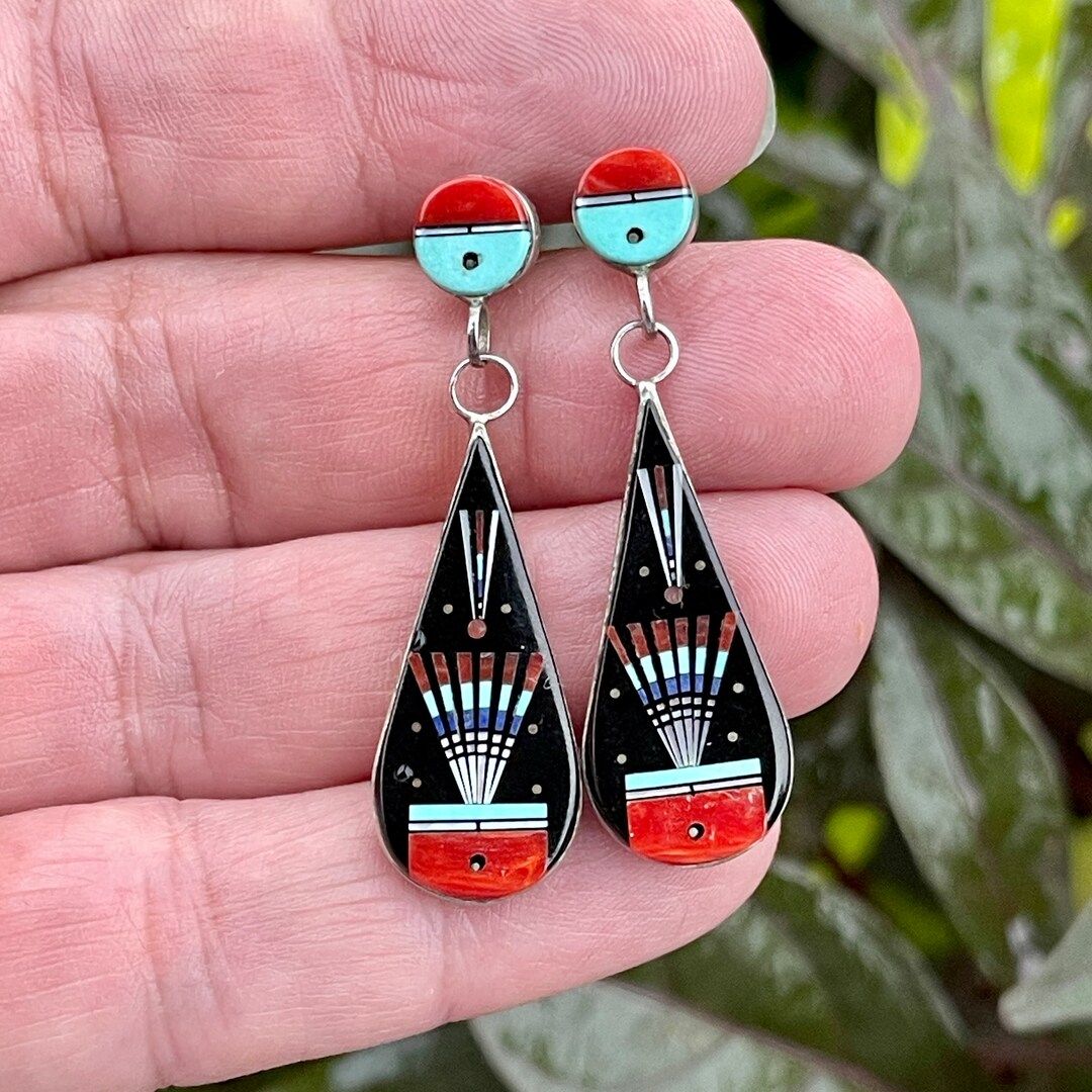 Native American Erwin P Tsosie Sterling Silver Inlaid Earrings - Etsy