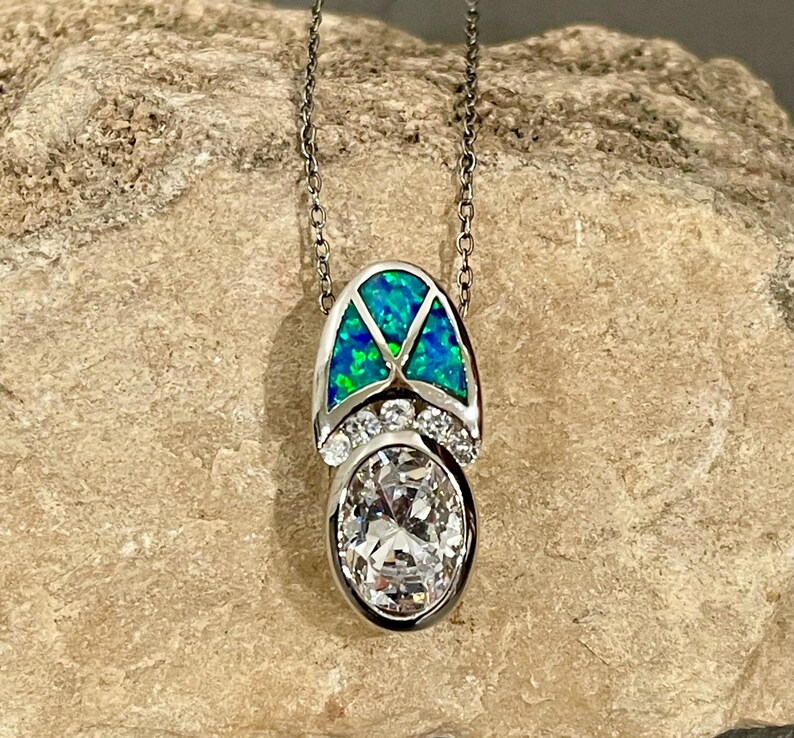 Sterling Silver Opal Pendant With Cubic Zirconia, 18" Chain - Etsy
