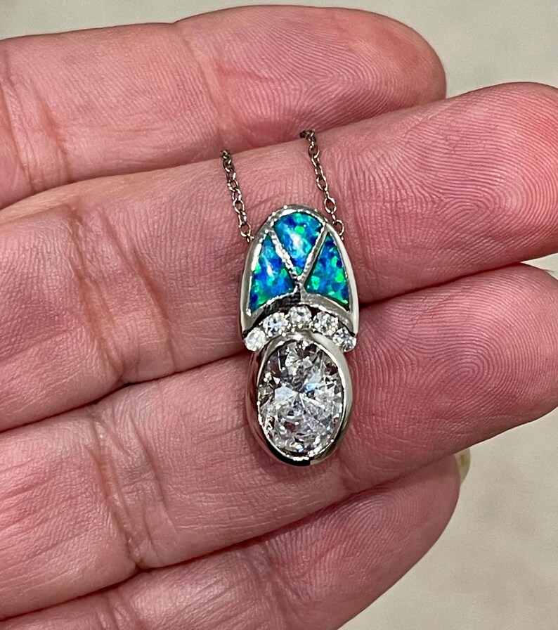 Sterling Silver Opal Pendant With Cubic Zirconia, 18" Chain - Etsy