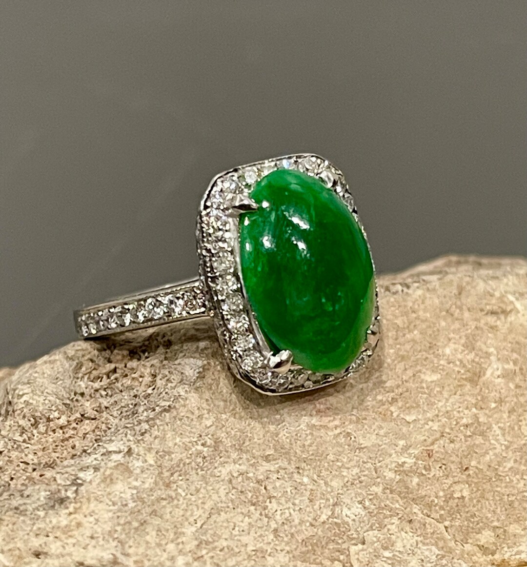 Natural Burmese Jade Oval 4.36cts. Certified and Diamond Halo Ring in ...