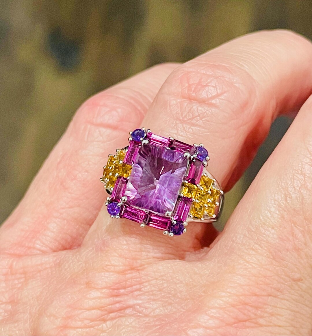 Sterling Silver Pink Fluolite, Pink Topaz, Citrine and Amethyst Ring ...