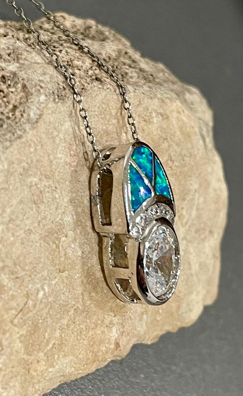 Sterling Silver Opal Pendant With Cubic Zirconia, 18" Chain - Etsy