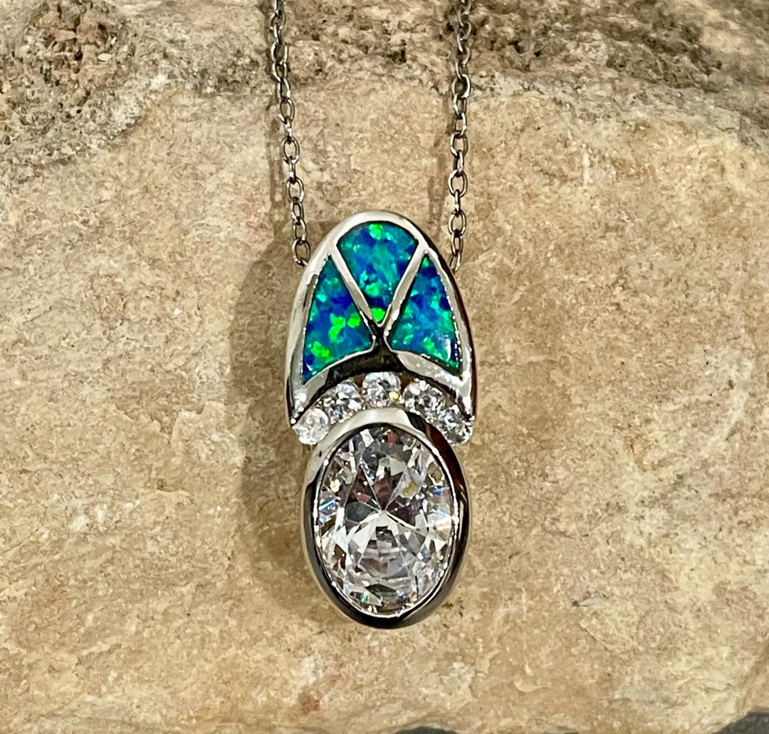 Sterling Silver Opal Pendant With Cubic Zirconia, 18" Chain - Etsy