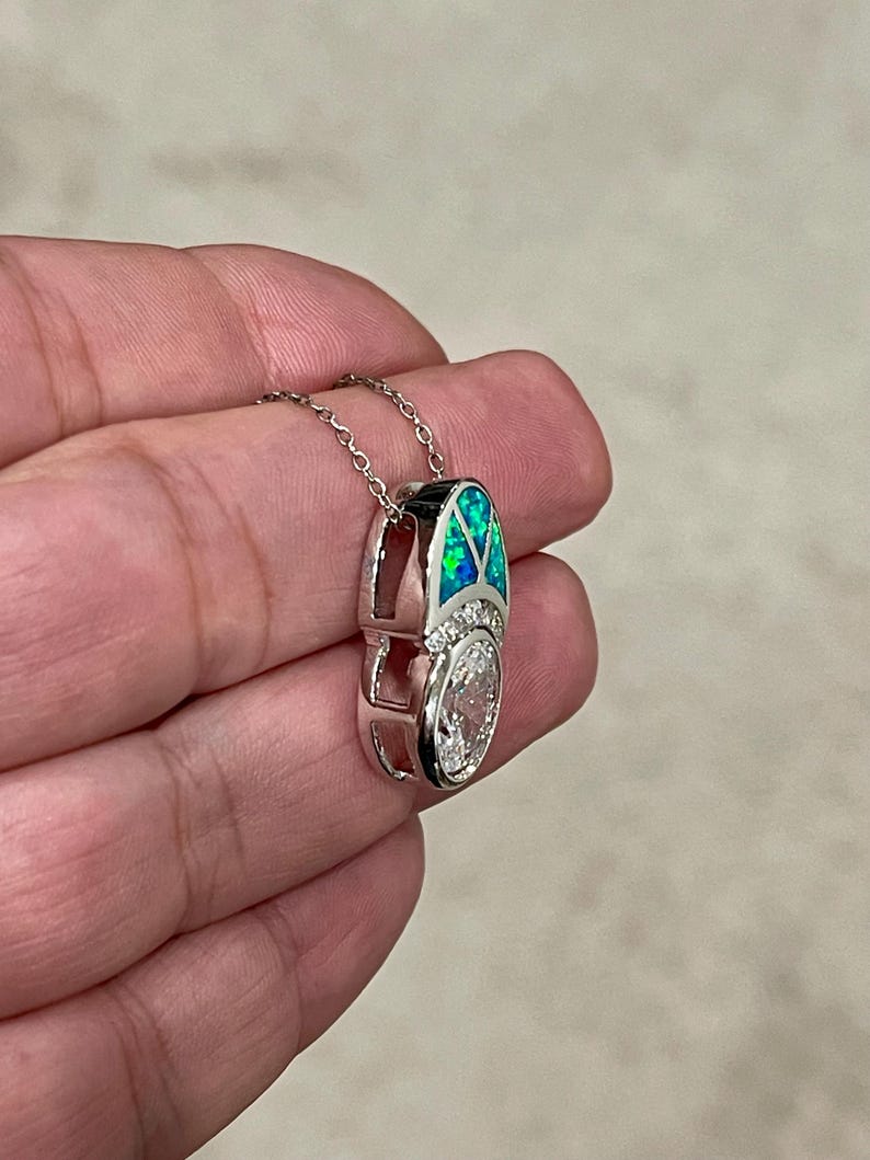 Sterling Silver Opal Pendant With Cubic Zirconia, 18" Chain - Etsy