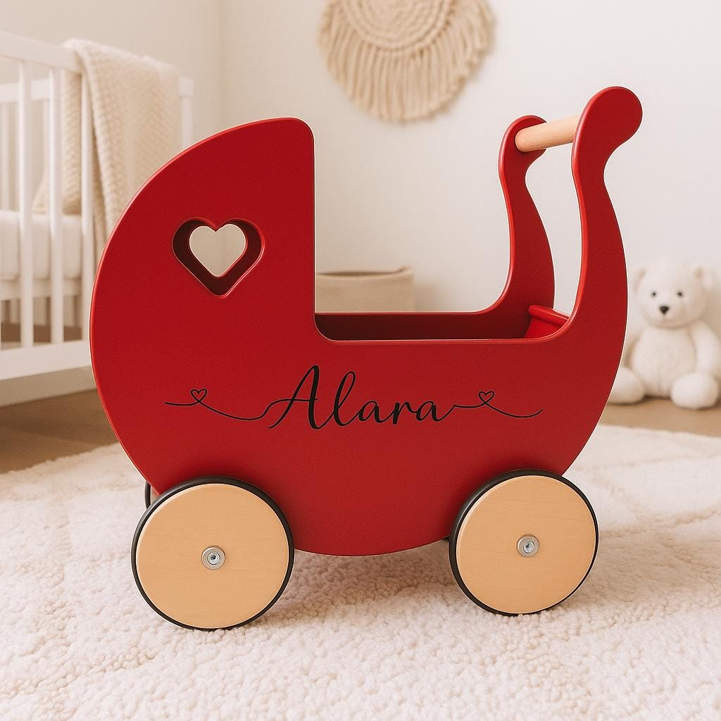 Personalised Wooden Doll’s Pram | Pink, Red or White | 18 Months+ ...