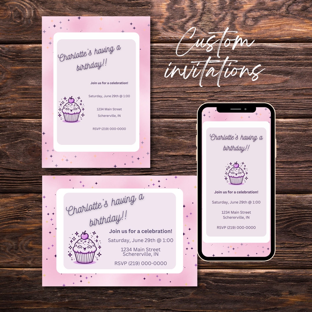Cupcake Girls Birthday Invitation, Canva Editing, Custom Girls Birthday ...