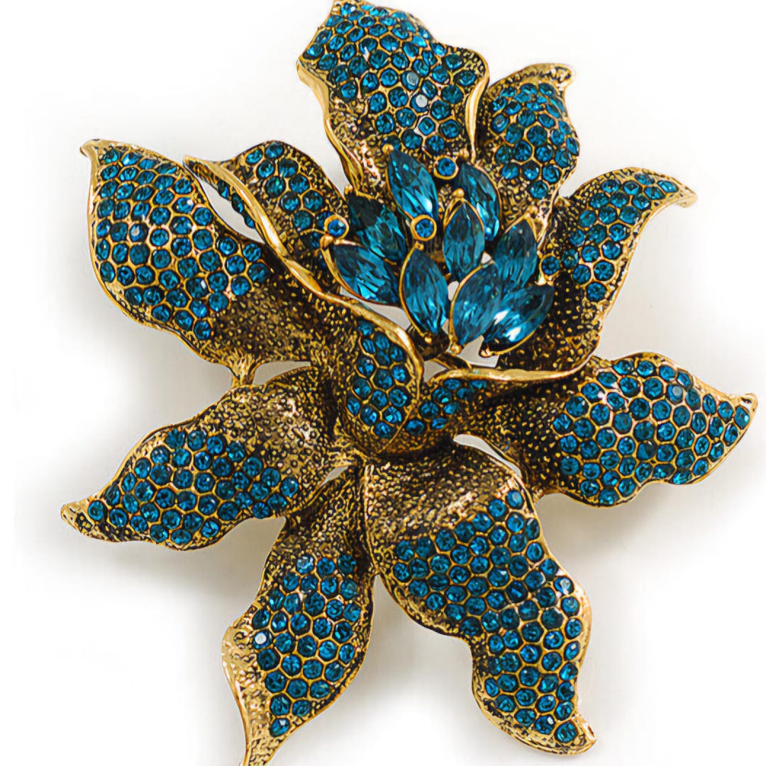 Teal Crystal Exotic Flower Brooch - Etsy