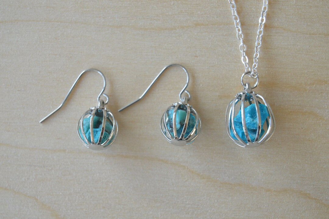 December Birthstone Necklace & Earring Jewelry Set, Natural Turquoise ...