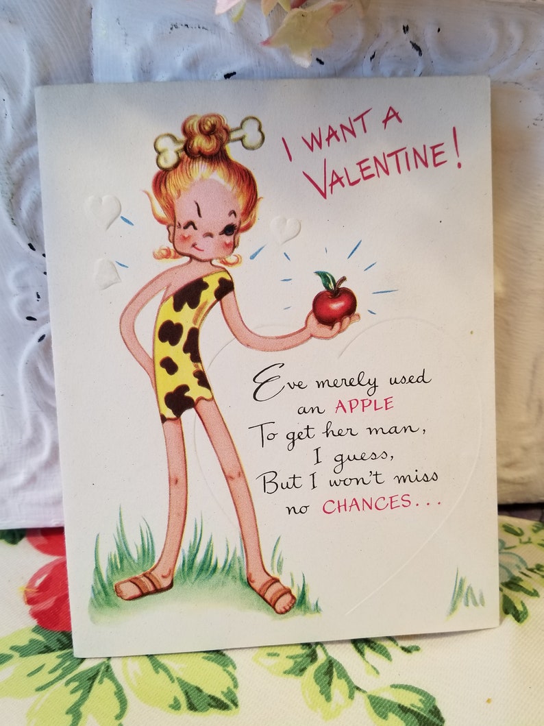 Vintage Valentine Card with Cave Girl | Etsy