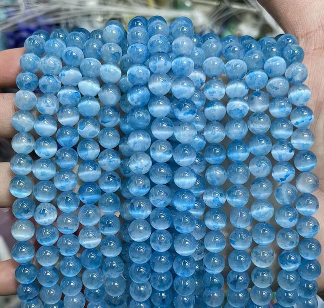 Natural Blue Selenite Smooth Round Beads,cat's Eye Gemstone Beads 15 ...