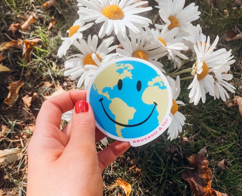 Earth Smiley Face Sticker / Earth Day Bumper Sticker / 70s | Etsy